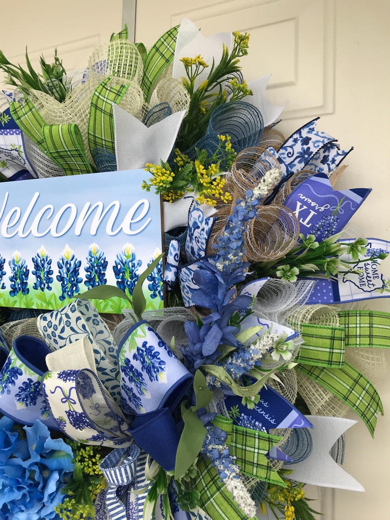 Bluebonnet Welcome Wreath: Hydrangea & Ribbon Spring Door Decor - Etsy