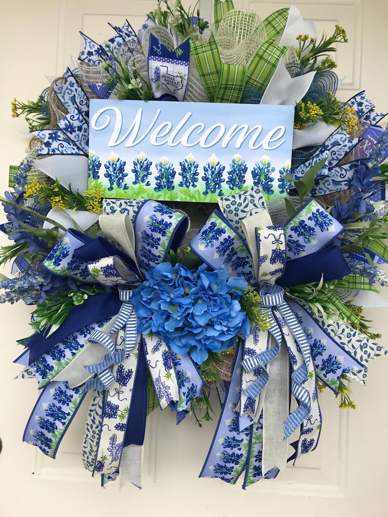 Bluebonnet Welcome Wreath: Hydrangea & Ribbon Spring Door Decor - Etsy