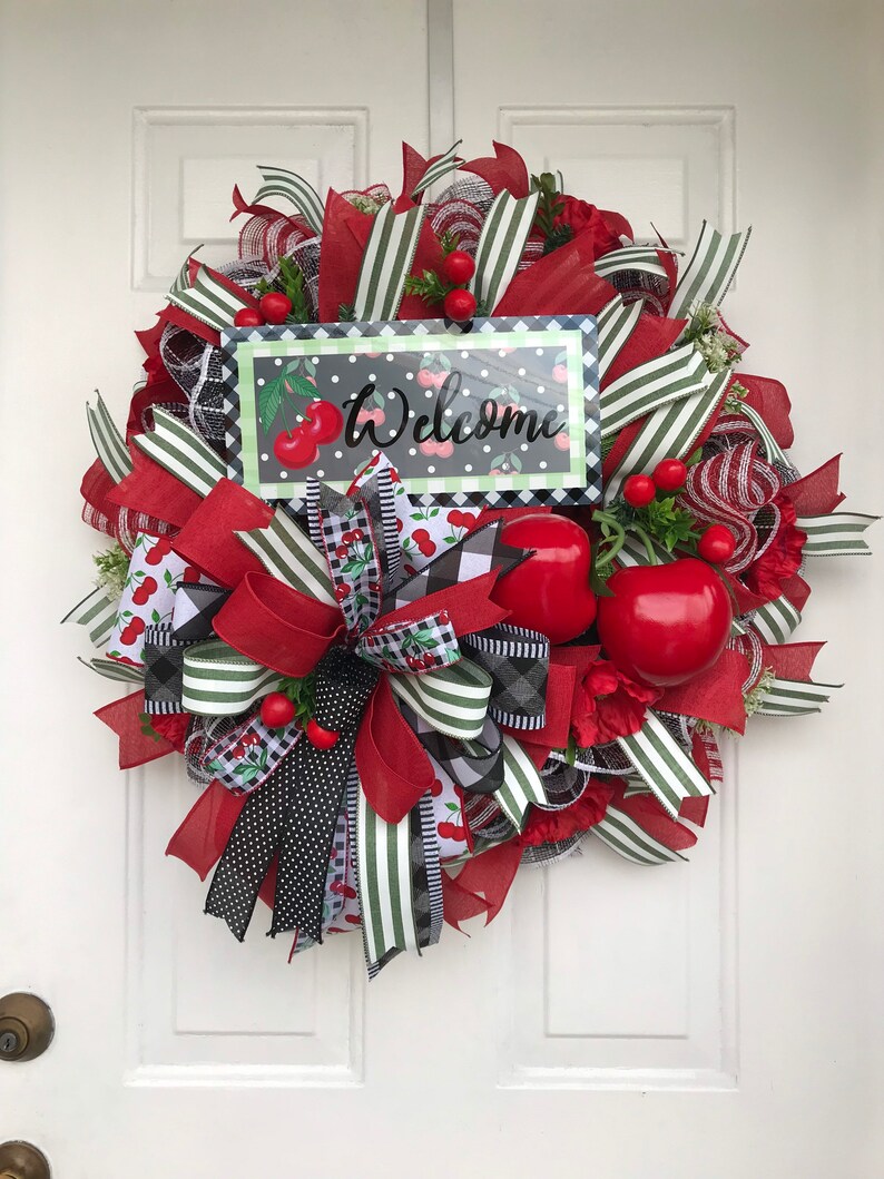 Farmhouse Cherry Welcome Wreath: Red, Green & Black Ribbon Decor - Etsy