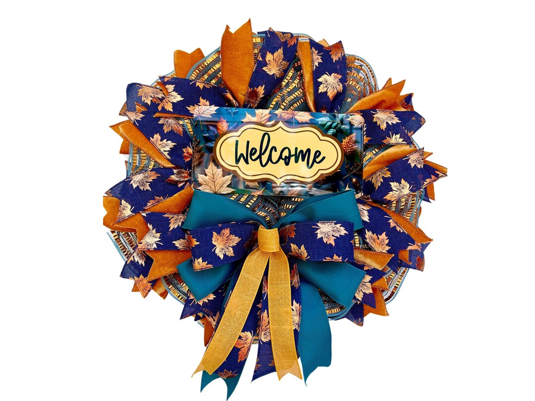 Rustic Fall Welcome Wreath With Maple Leaves, Handmade Blue and Orange ...