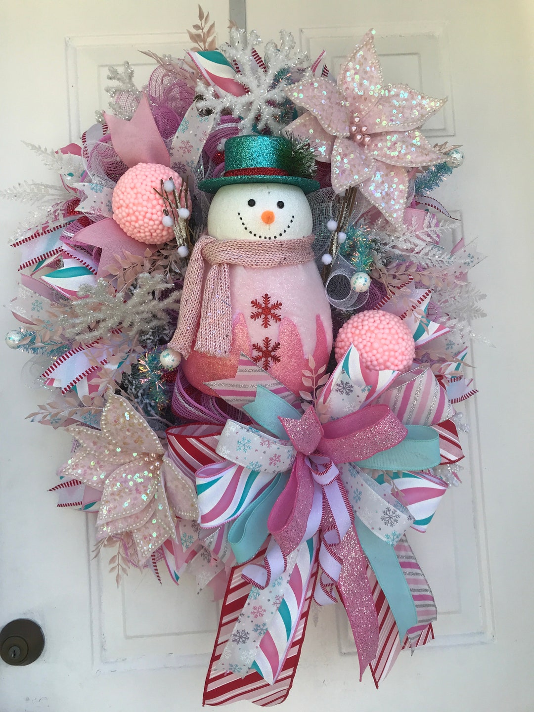 Christmas Pink Snowman Wreath Festive Adorable Holiday Decor Unique ...