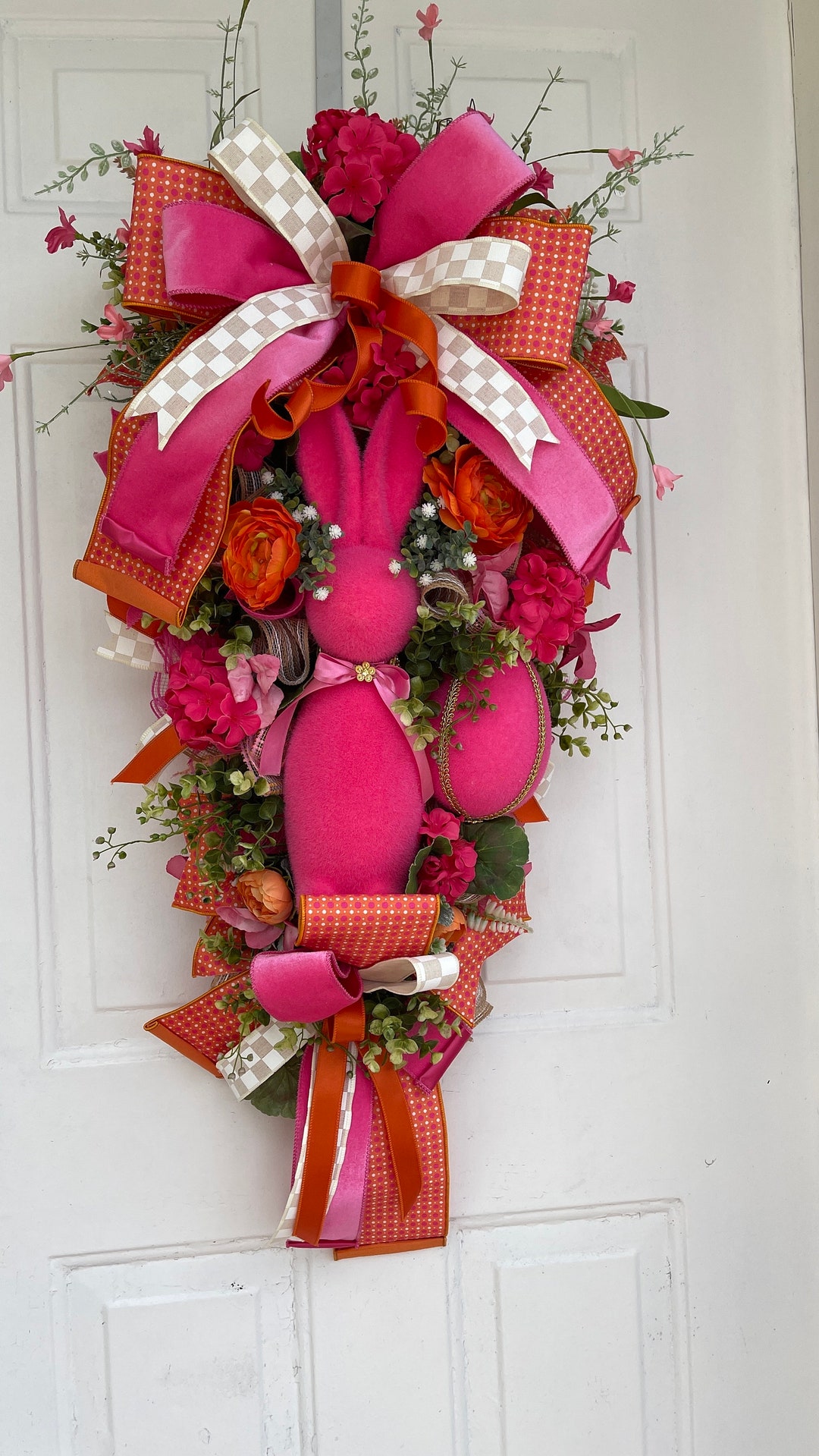 Whimsical Hot Pink Flocked Bunny Spring Wreath With Splash of Vibrant ...