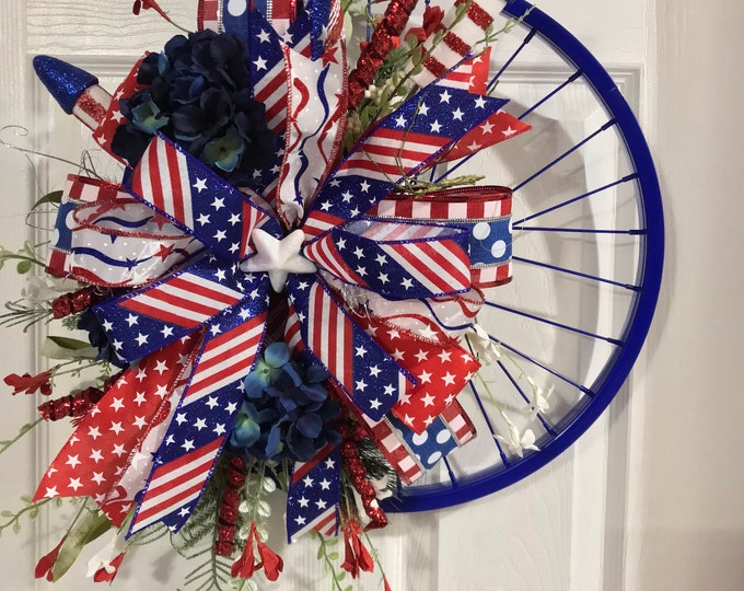 Patriotic Bicycle Wheel Wreath, Memorial Day Wreath, Bicycle Rim Wreath ...