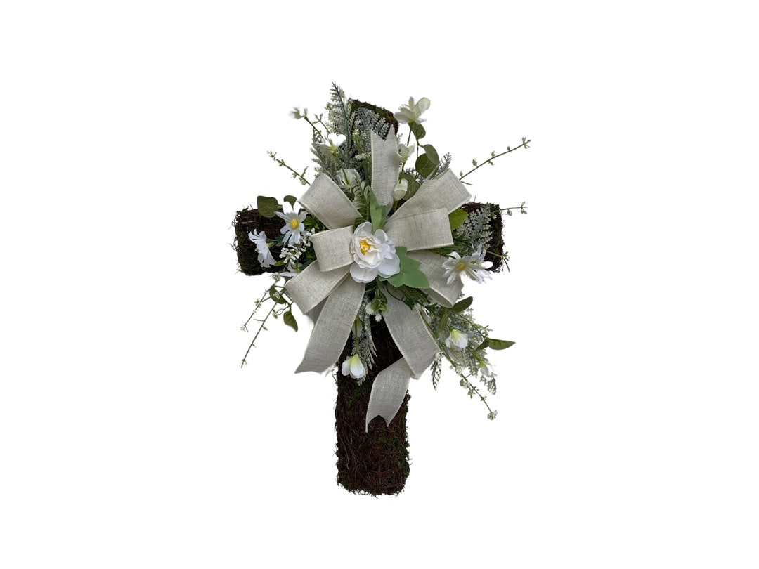 Crafted Moss Cross Wreath With White Flowers and Bow Easter, Spring ...