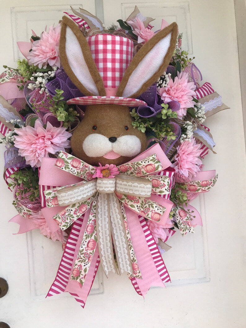 Easter Bunny Wreath for Front Door Easter Pink Bunny Wreath - Etsy