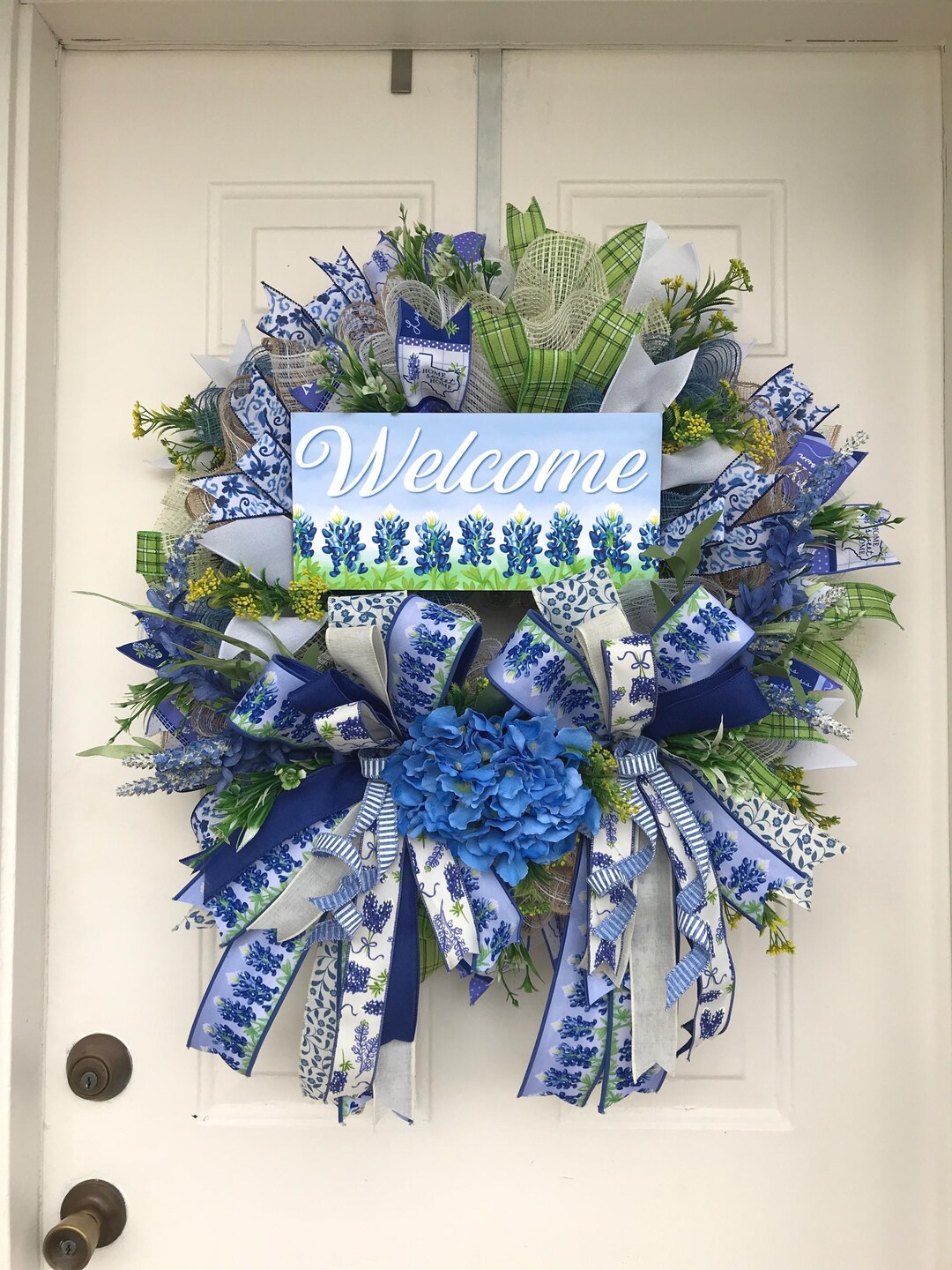 Bluebonnet Welcome Wreath for Front Door - Spring and Summer Floral ...