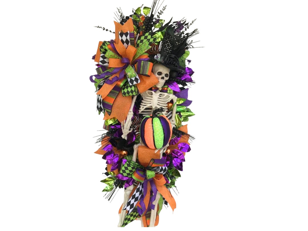 Spooky Skeleton Halloween Wreath, Halloween Swag, Purple and Green ...