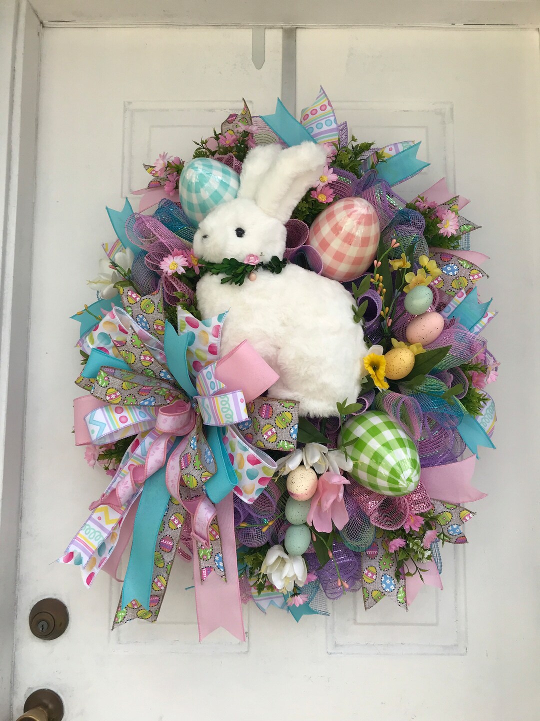 Easter Bunny Wreath for Front Door, Easter White Bunny Door Hanger ...