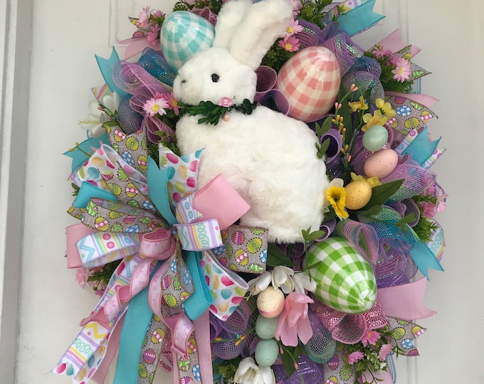 Easter Bunny Wreath for Front Door, Easter White Bunny Door Hanger ...