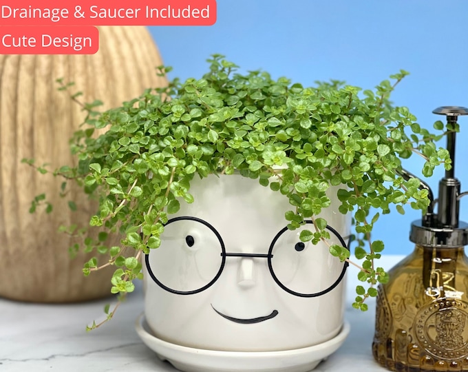 Head Ceramic Face Planter With Glasses Planter With Drainage and Saucer ...