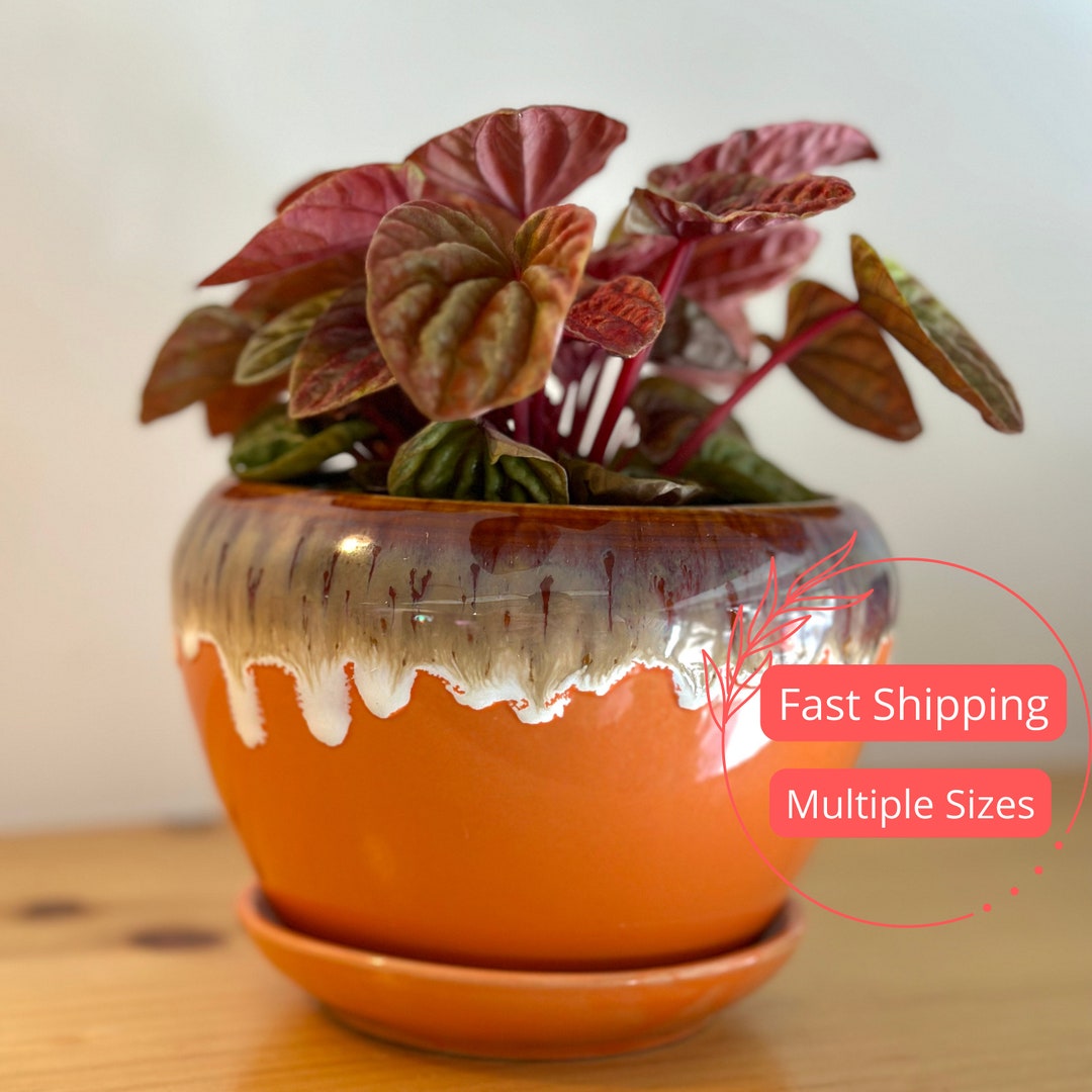 Orange Glazed Planter With Attached Saucer | Plant Pot With Drainage ...