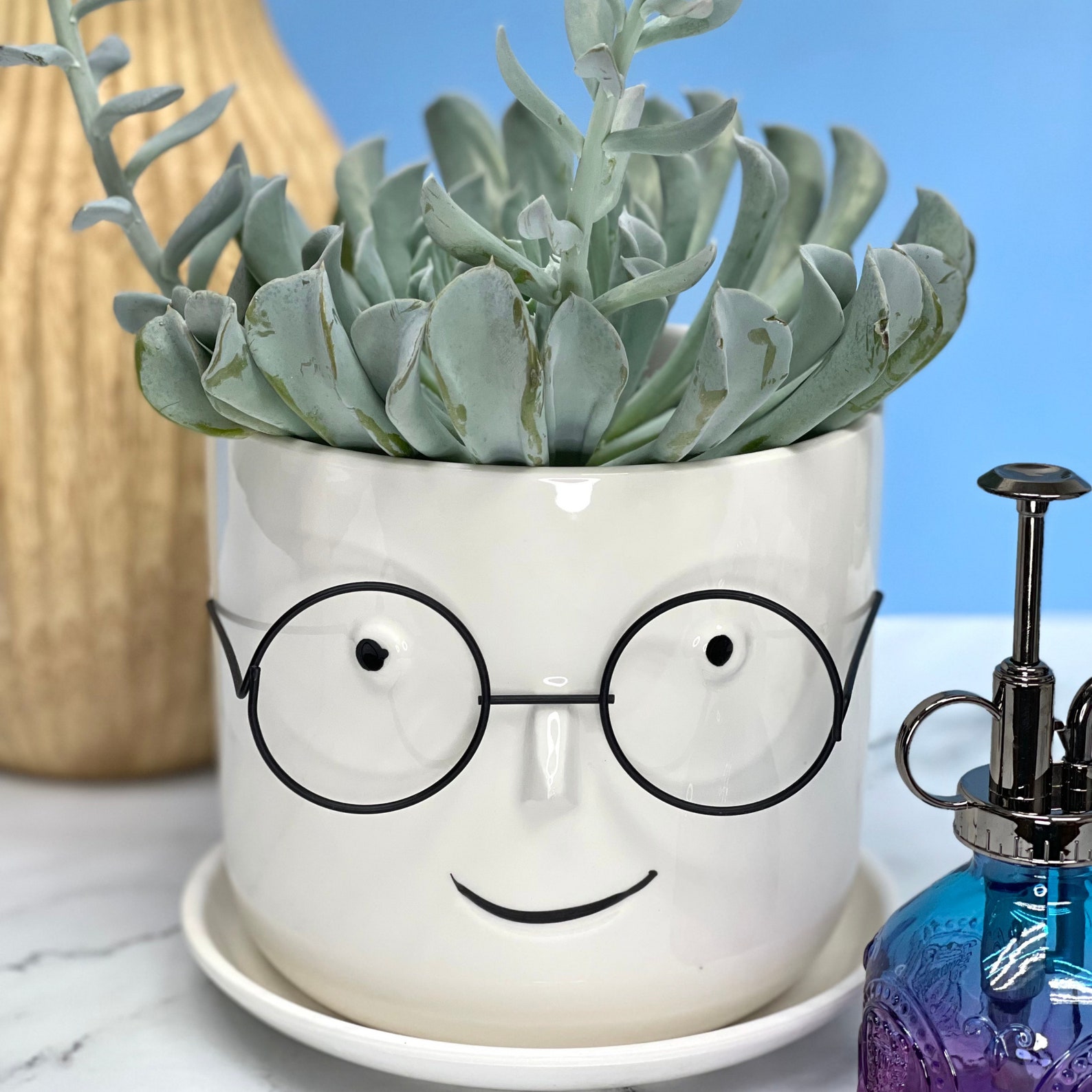 Head Ceramic Face Planter With Glasses Planter With Drainage and Saucer ...