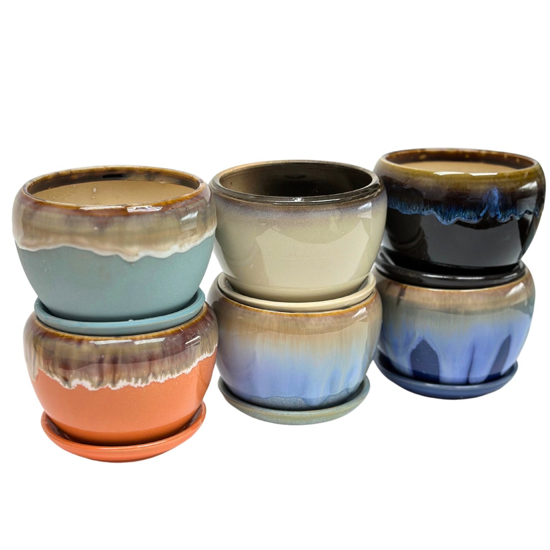 All Glazed Planter With Attached Saucer | Plant Pot With Drainage | Planters and Pots | Flower ...