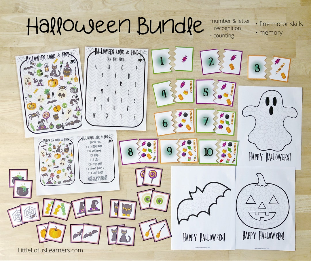 Halloween Preschool Activity Bundle - Learning to Count, Memory Game ...