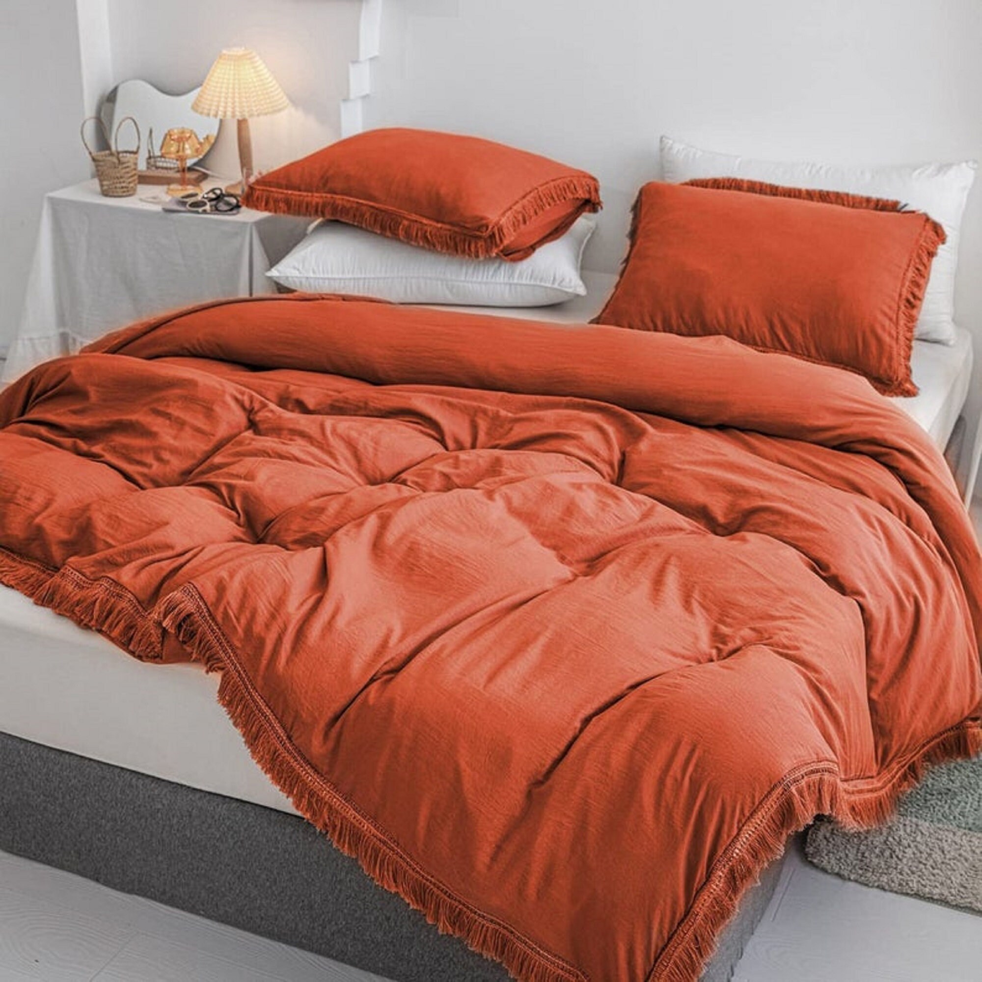 3 Piece Terracotta Tassel Duvet Cover Set Washed Cotton Duvet - Etsy