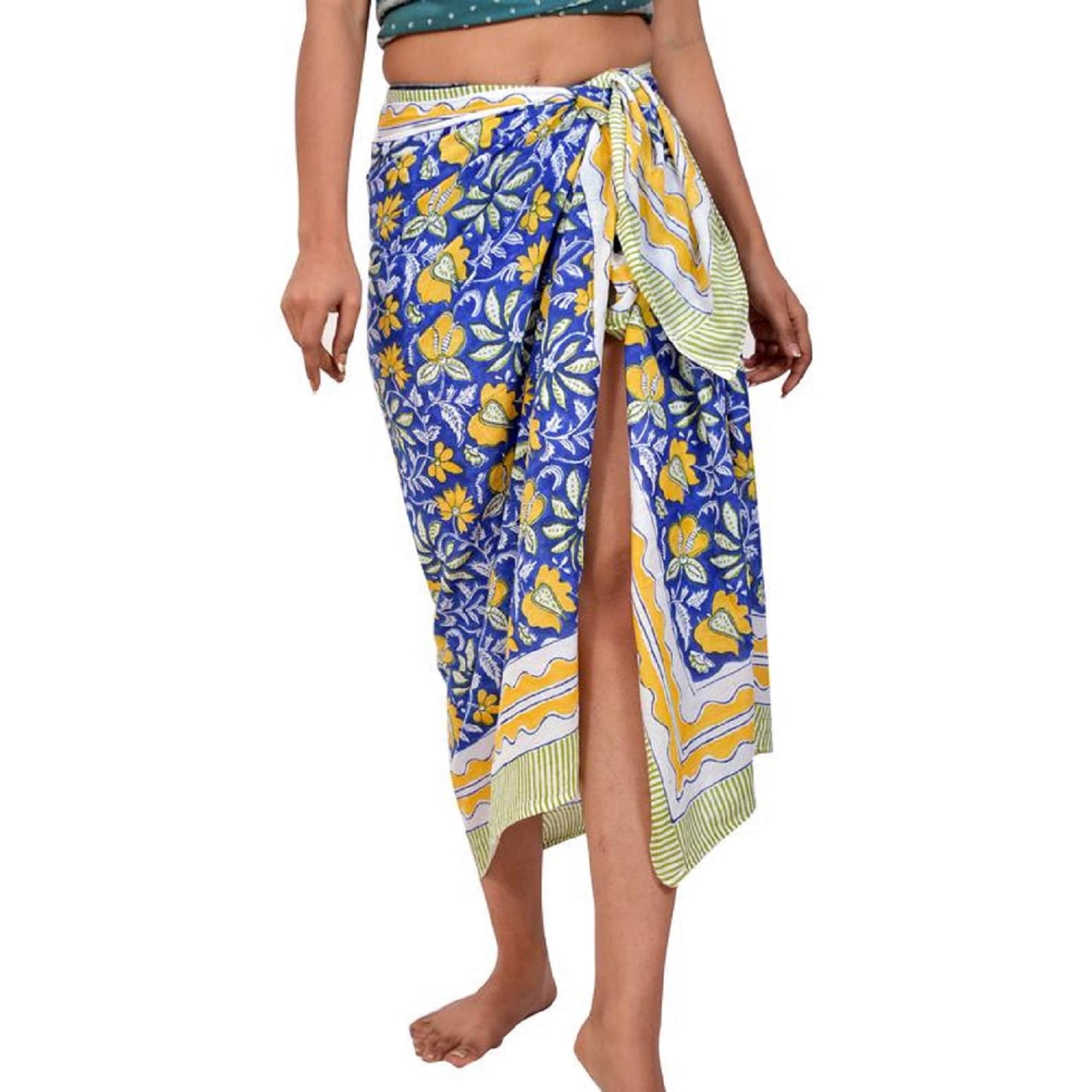 Blue Yellow Floral Block Print Cotton Beach Sarong Long | Etsy