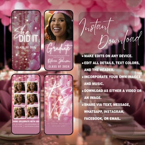 Pink Grad Party Digital Invite, Grad Party Invitation Video Canva ...