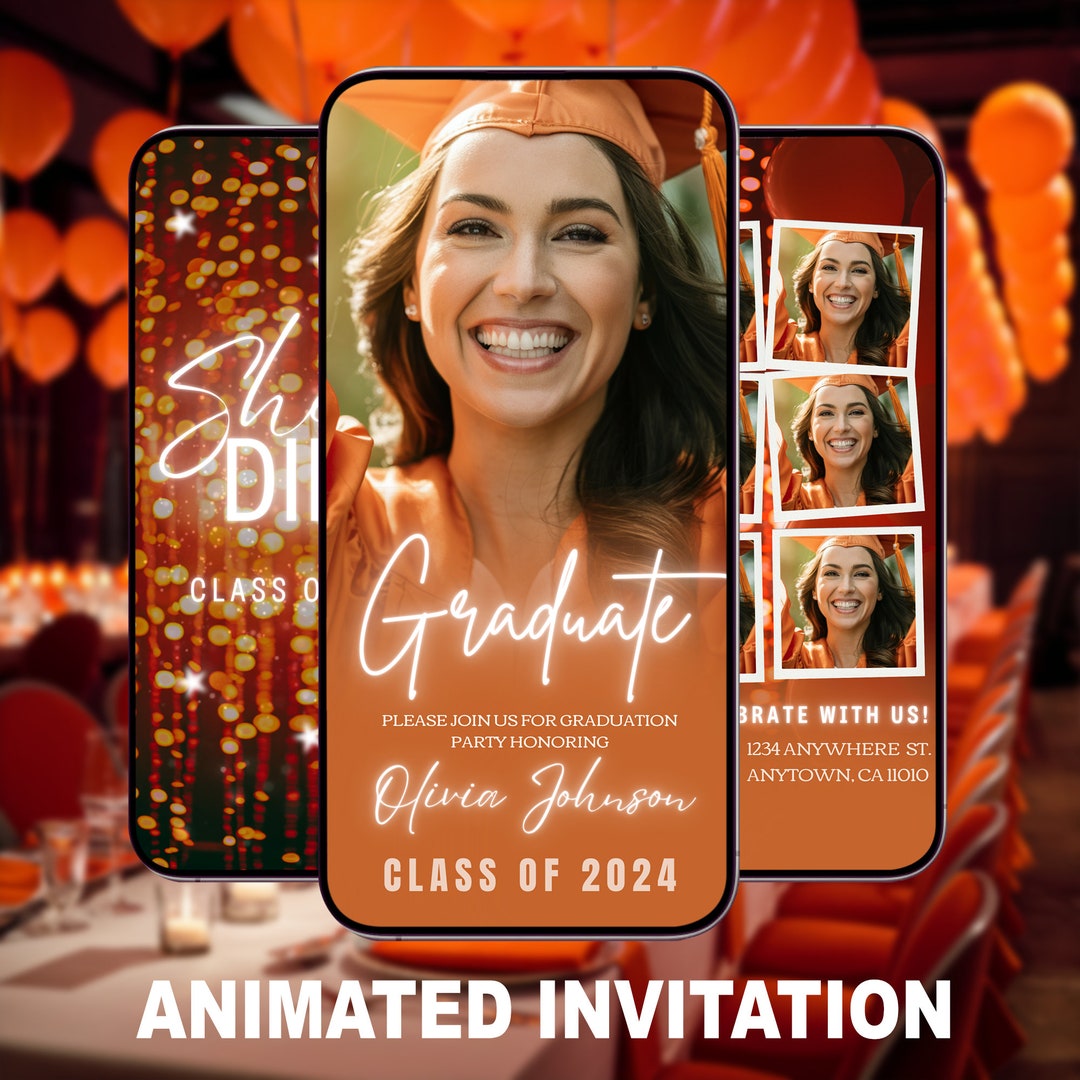 Orange Grad Party Digital Invite, Grad Party Invitation Video Canva ...