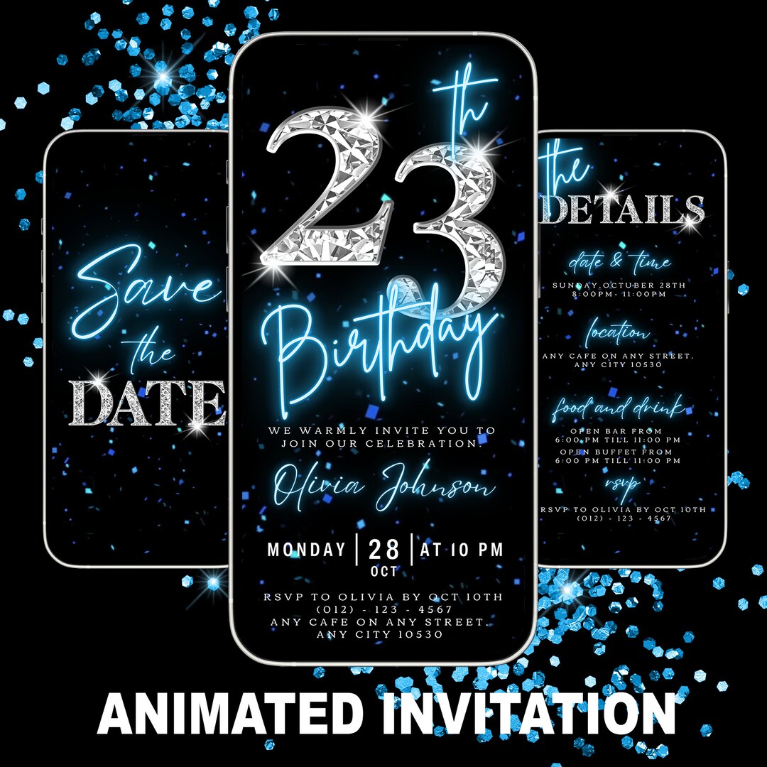 23th Birthday Dinner Party Video Invitation, 23th Glitter Ecard ...