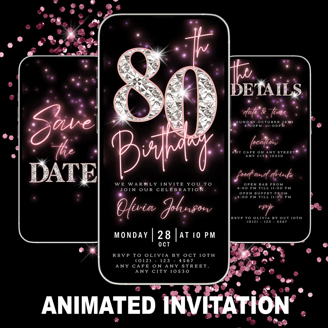 80th Birthday Dinner Party Video Invitation, 80th Neon Pink Glitter ...