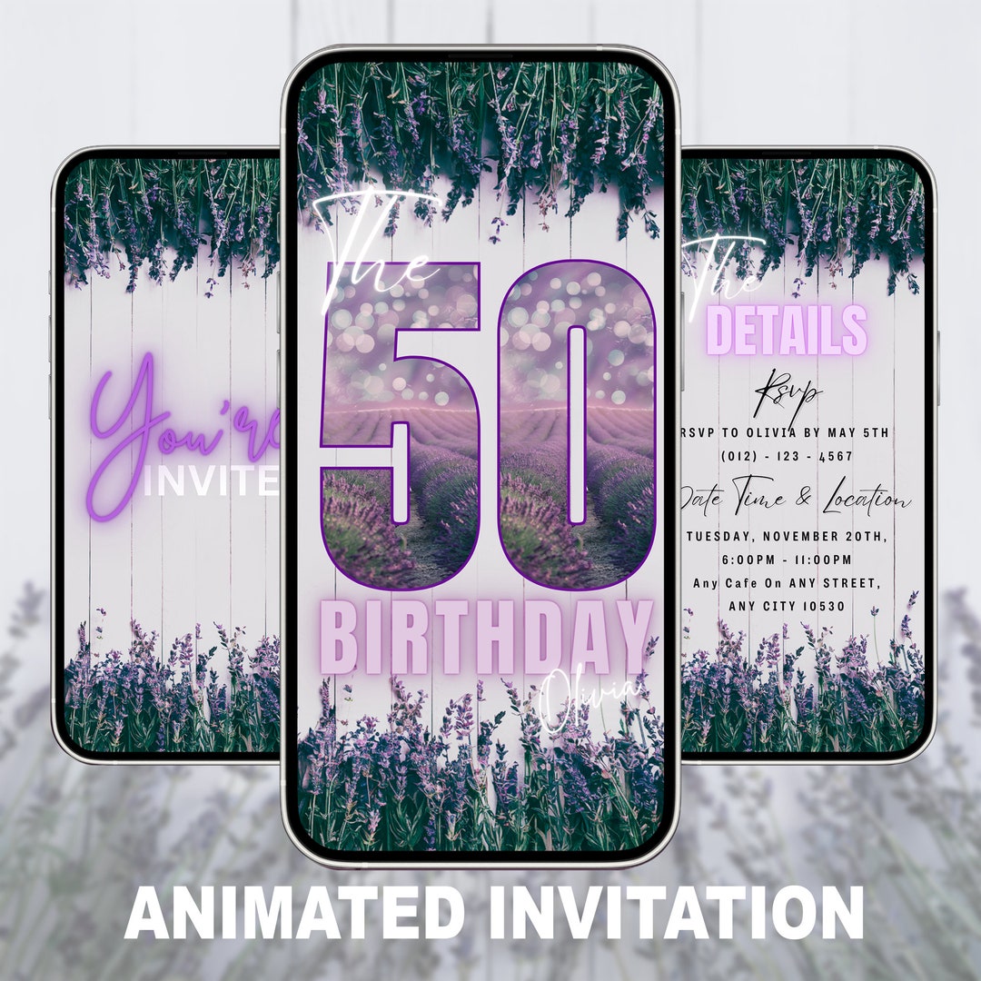50th Birthday Video Invitation Lavender FLOWERS for Women, 50th Ecard ...