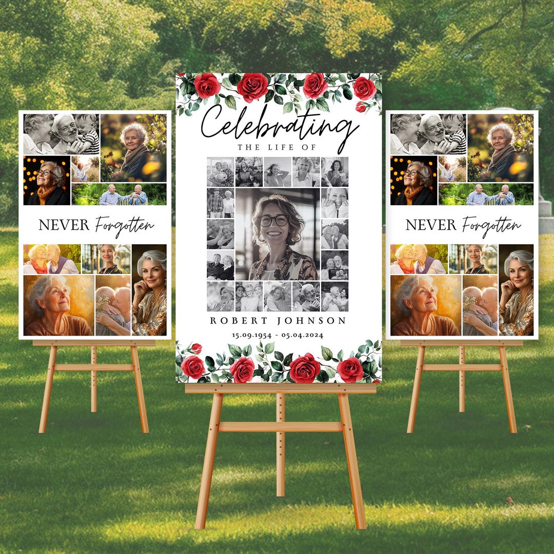 Celebration of Life Funeral Photo Collage Sign Set Roses Templates ...