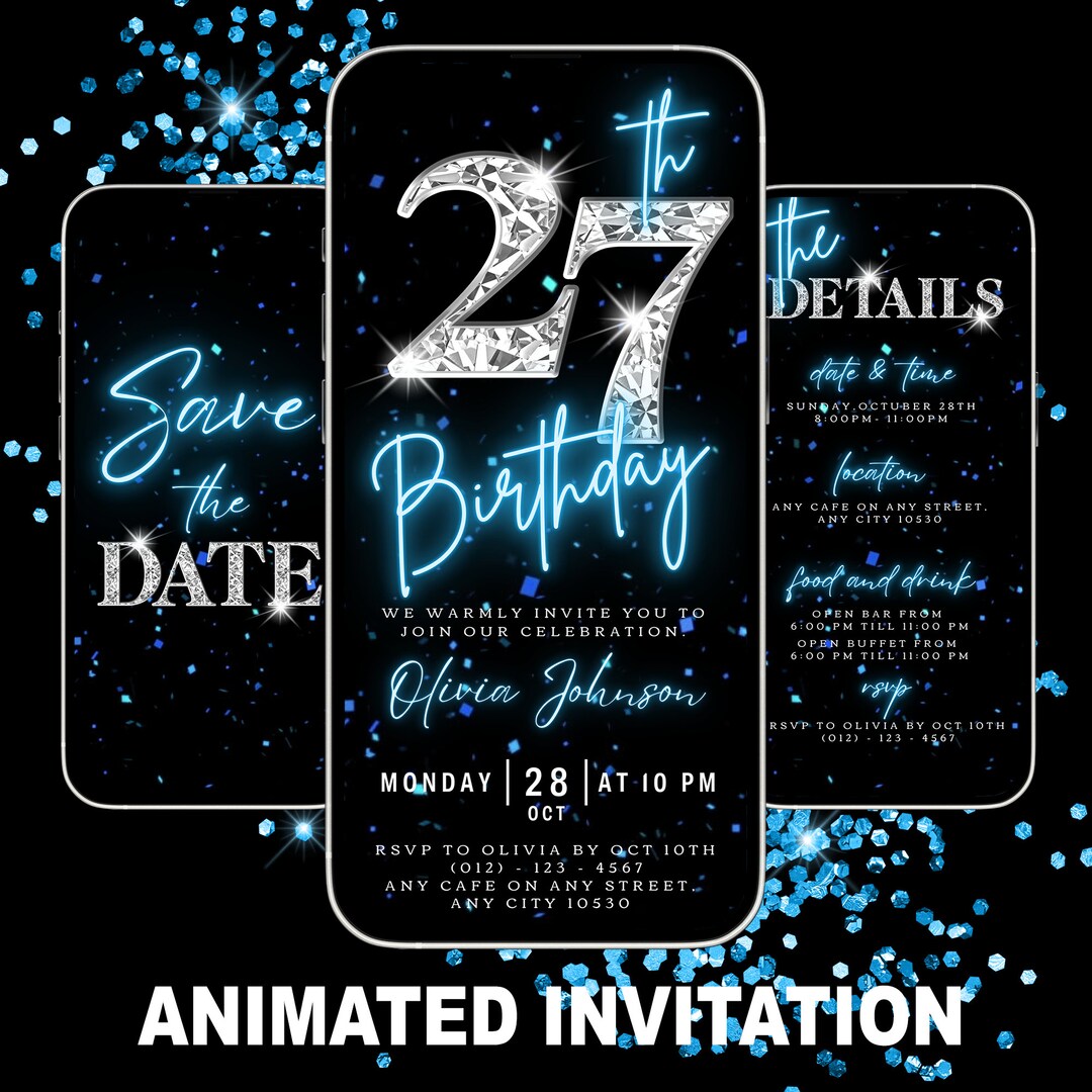 27th Birthday Dinner Party Video Invitation, 27th Glitter Ecard ...