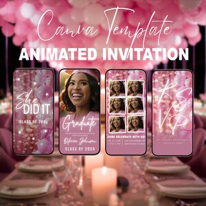 Pink Grad Party Digital Invite, Grad Party Invitation Video Canva ...