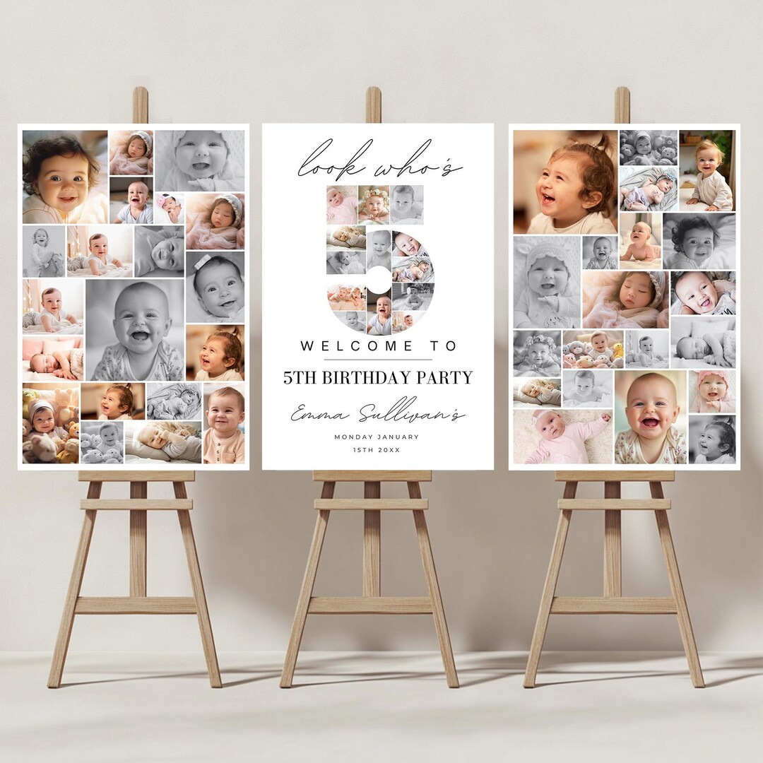 5 Birthday Photo Collage Welcome Sign Template, Number Photo Collage ...