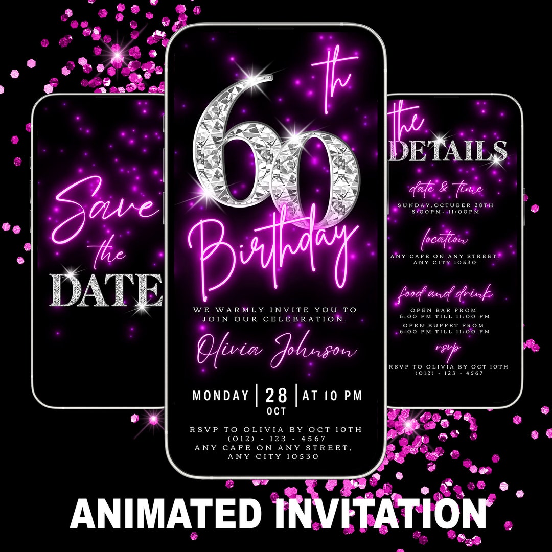60th Birthday Dinner Party Video Invitation, 60th Neon Pink Glitter ...