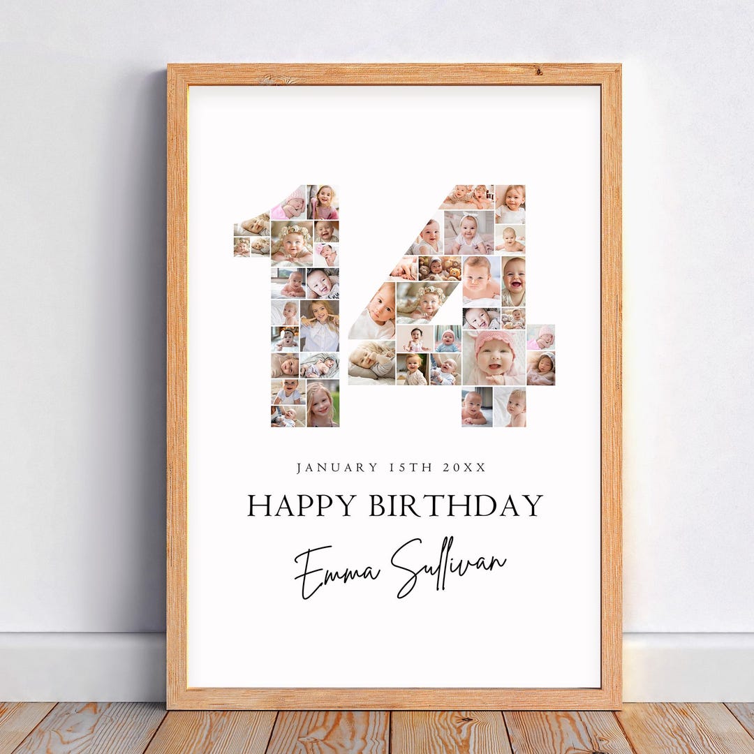14 Birthday Photo Collage Welcome Sign Template, Number 14 Photo ...