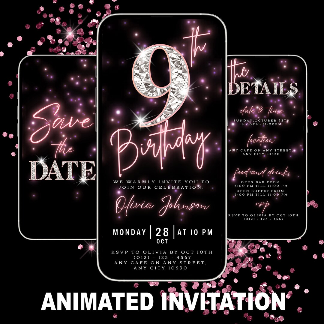 9th Birthday Dinner Party Video Invitation, 9th Neon Pink Glitter Ecard ...