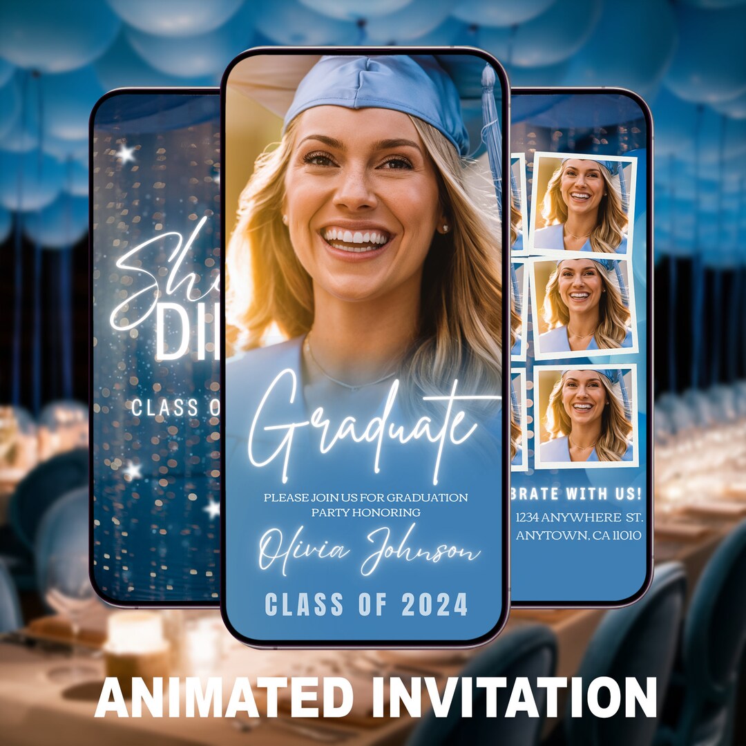 Blue Grad Party Digital Invite, Grad Party Invitation Video Canva ...