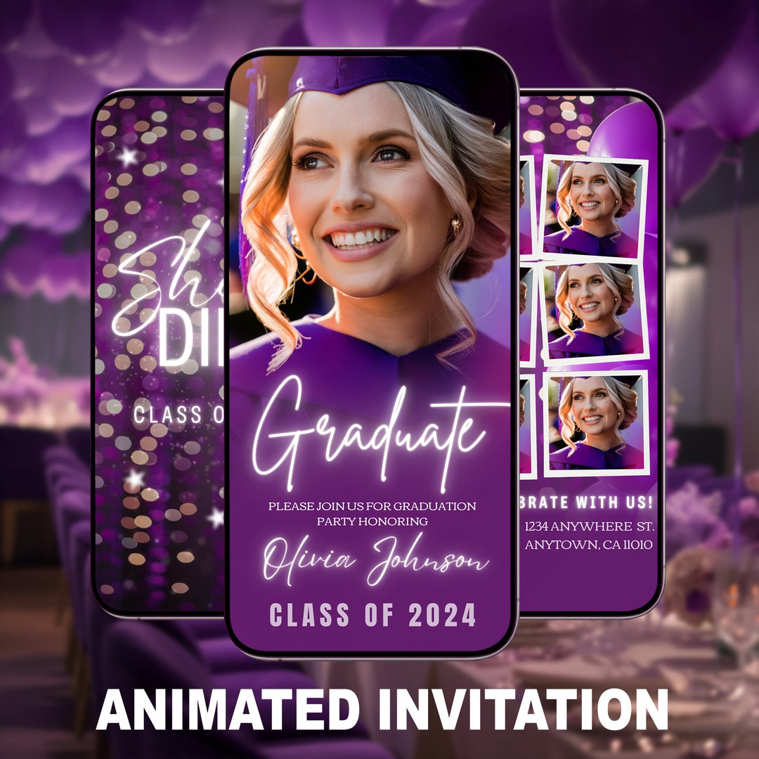 Purple Grad Party Digital Invite, Grad Party Invitation Video Canva ...