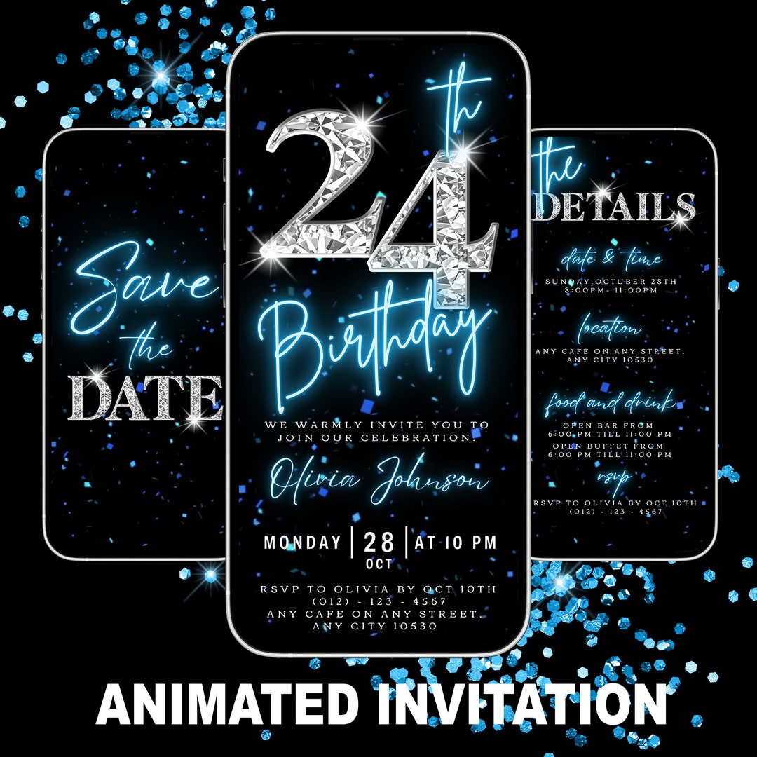 24th Birthday Dinner Party Video Invitation, 24th Glitter Ecard ...