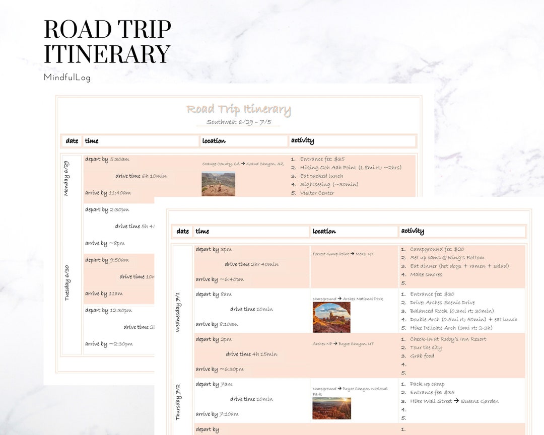 Road Trip Itinerary | Printable PDF | Instant Download | Road Trip ...