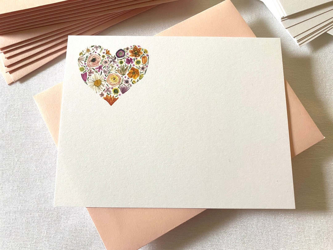 10 Valentines Flat Floral Heart Note Card Set | Heart Watercolor Print ...