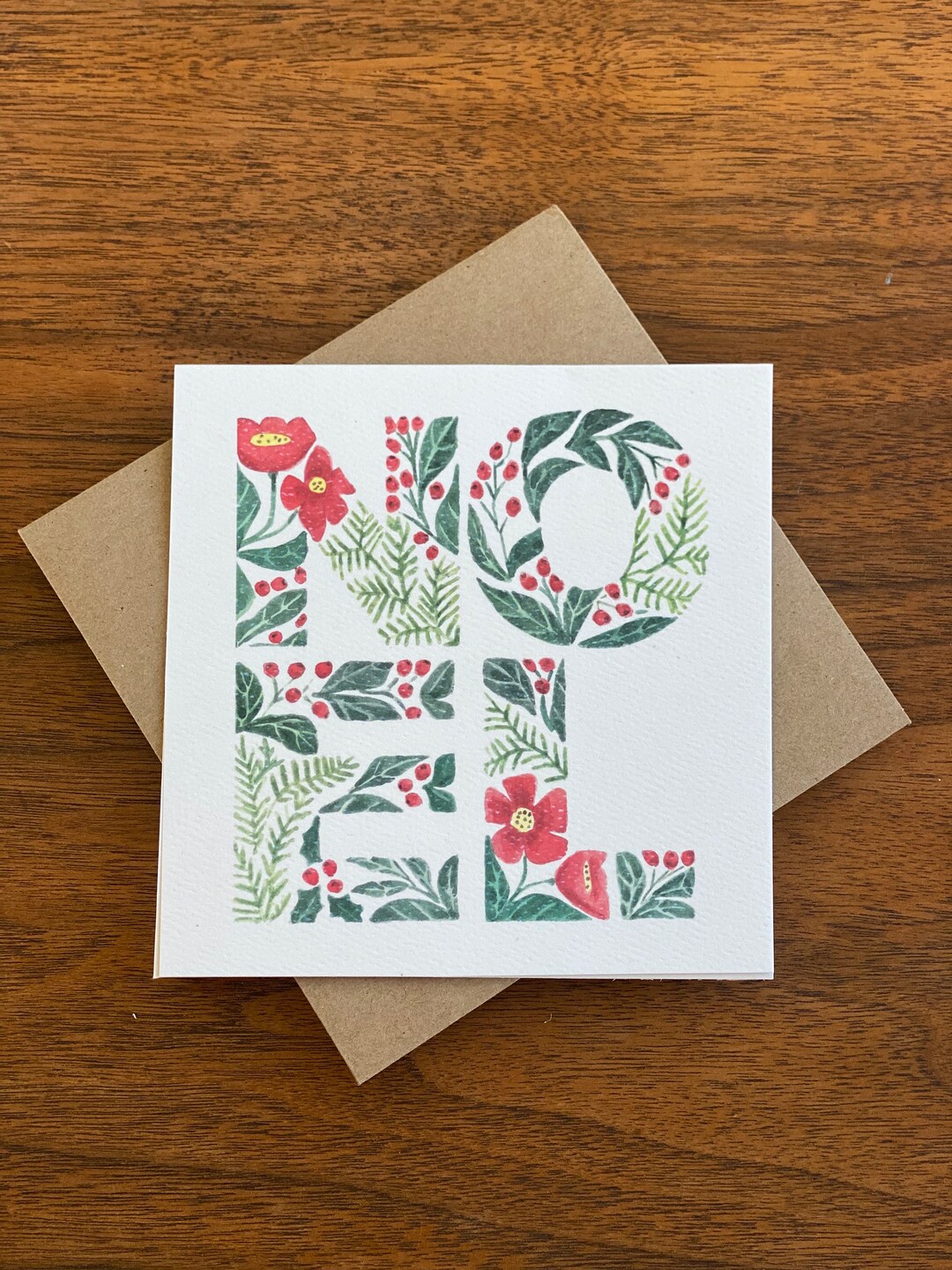 Christmas Holiday NOEL Blank Card, 5x5 Watercolor Print NOEL Floral ...