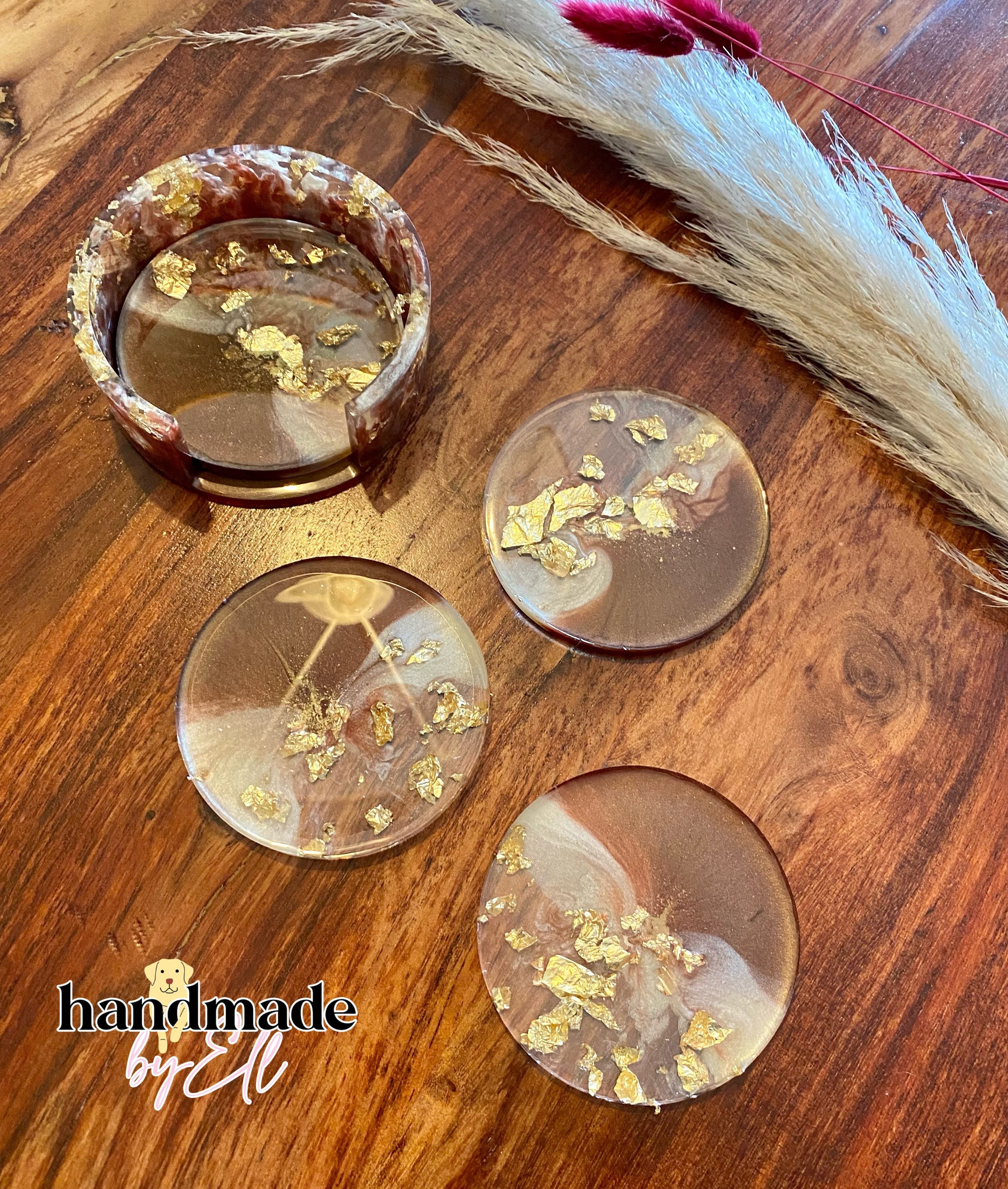Custom Resin Circle Coaster Set with Holder Cream and Brown | Etsy