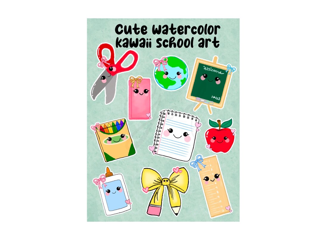 Cute School Kawaii Watercolor Hand Drawn Stickers,kawaii Stickers,cute ...