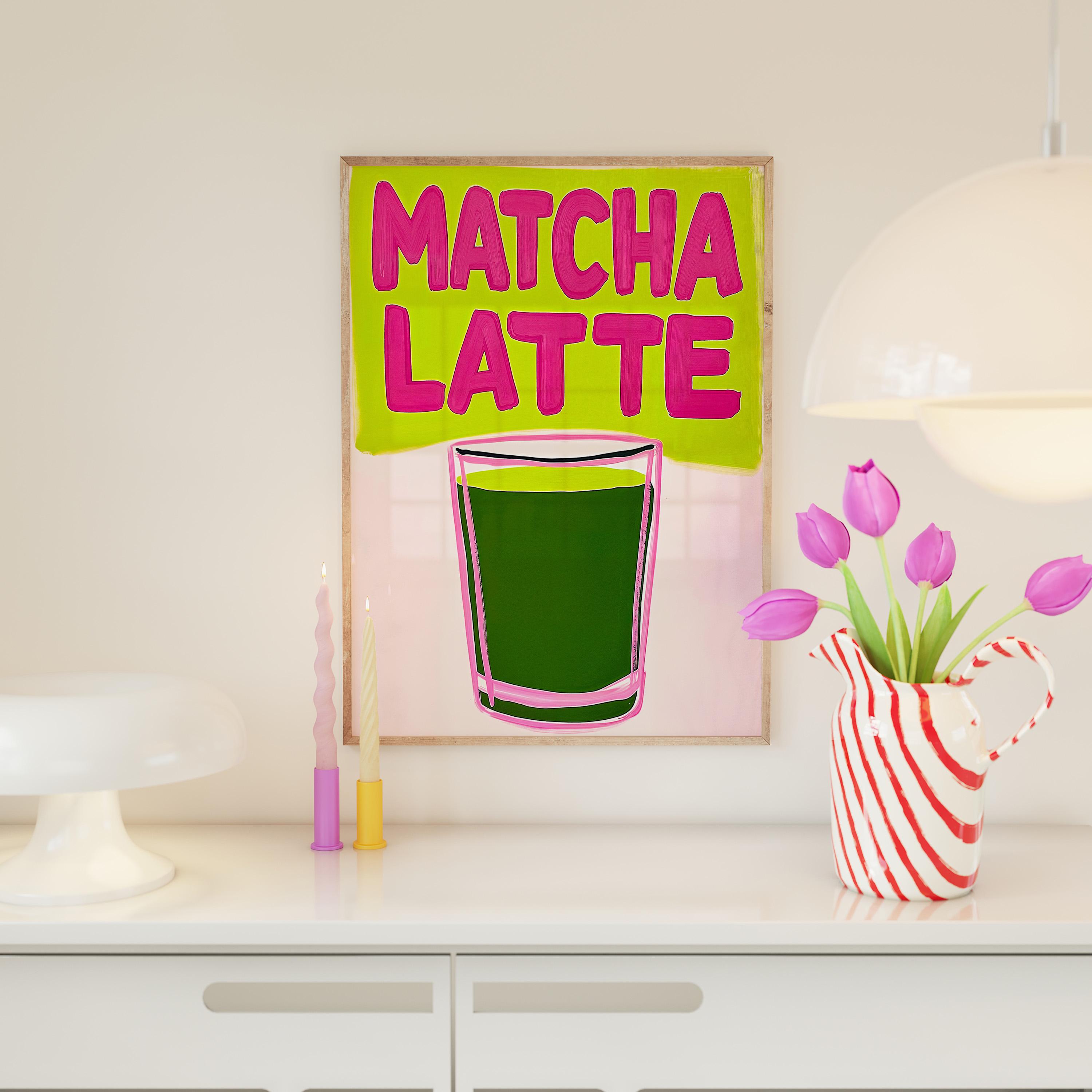Matcha Latte Wall Art - Bold Green and Pink Coffee Poster - Fun and ...