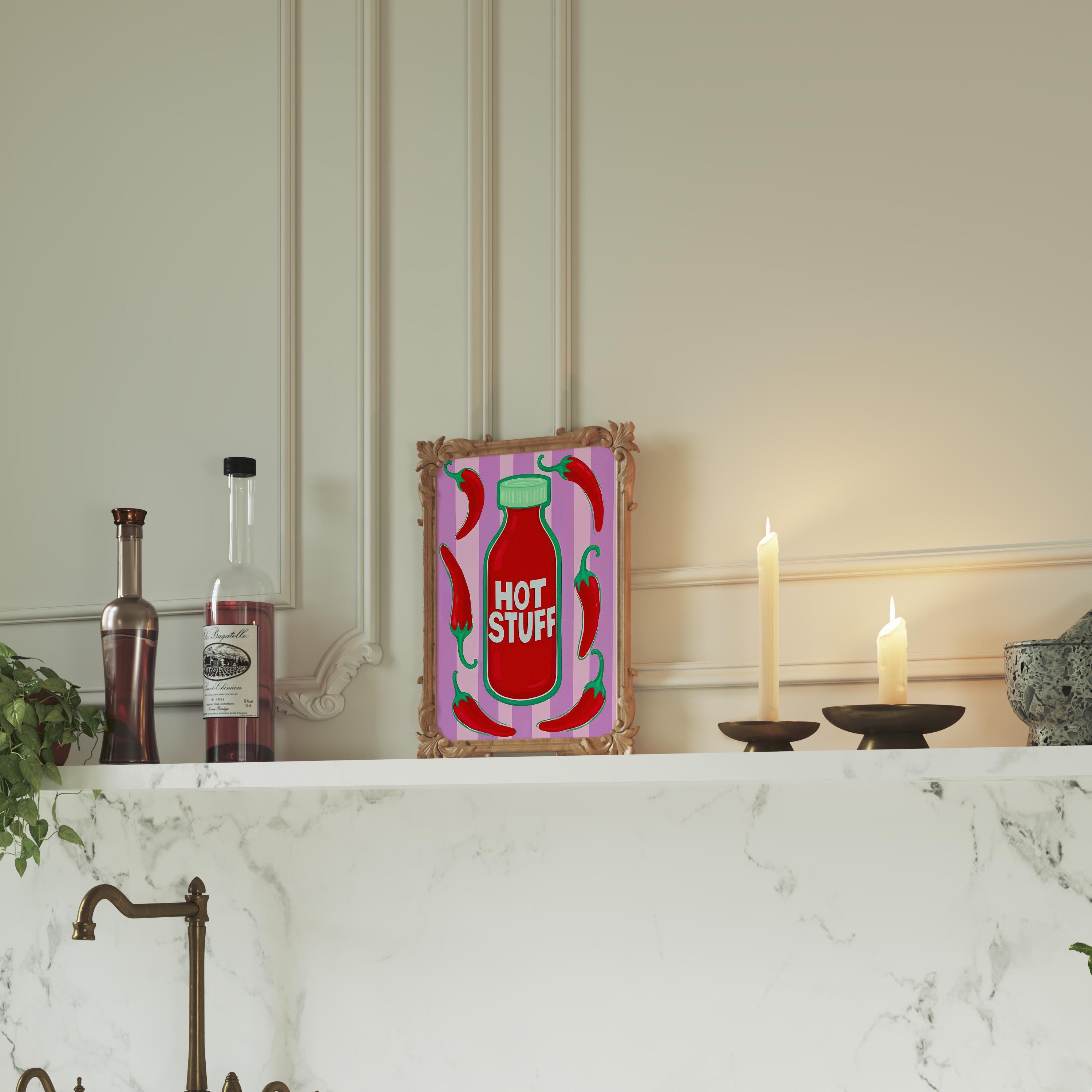Hot Stuff Wall Art - Bold Red Sauce Bottle and Chili Peppers Poster ...