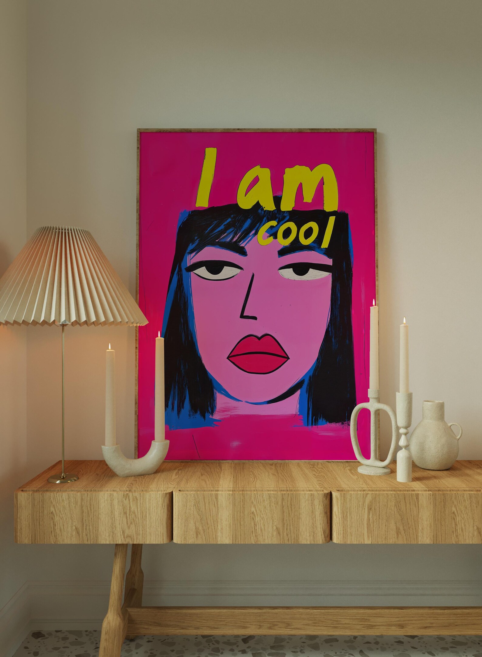 Bold Pink Pop Art Poster - I Am Cool Wall Art - Modern Abstract Face ...