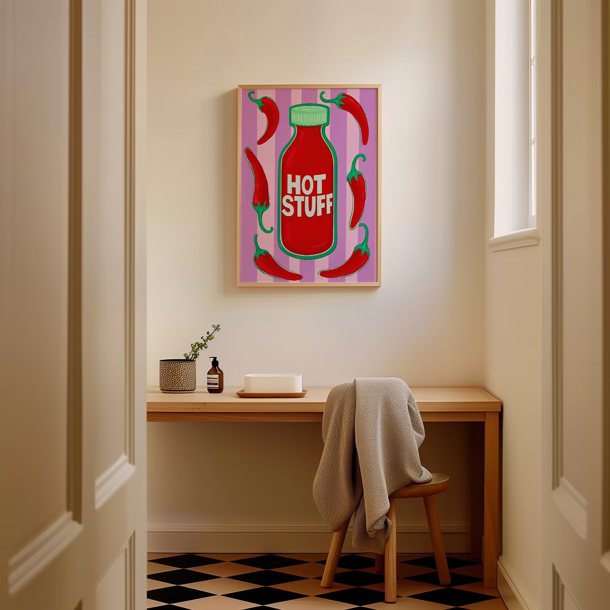 Hot Stuff Wall Art - Bold Red Sauce Bottle and Chili Peppers Poster ...
