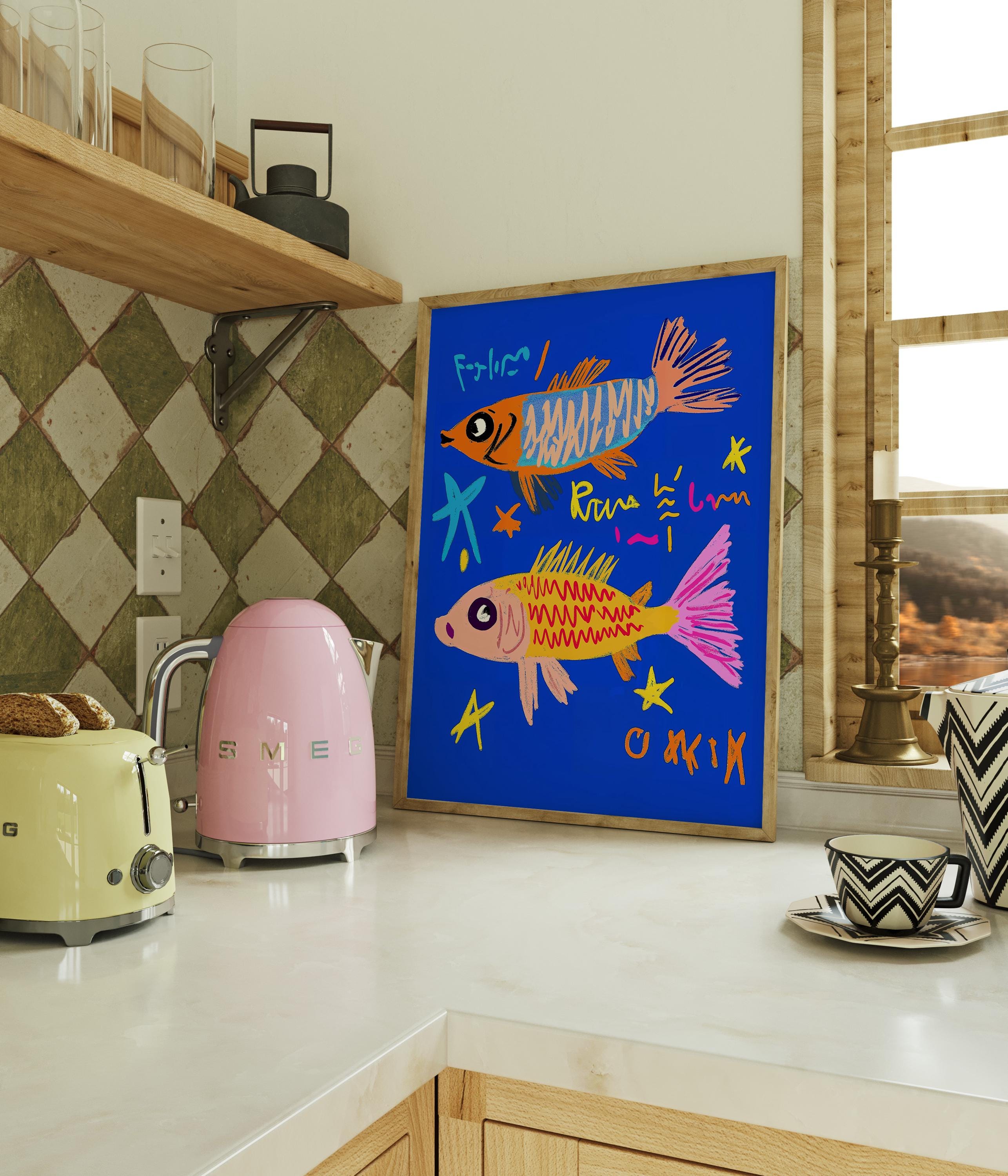 Colorful Fish Wall Art - Vibrant Ocean-themed Poster - Playful Blue Sea ...