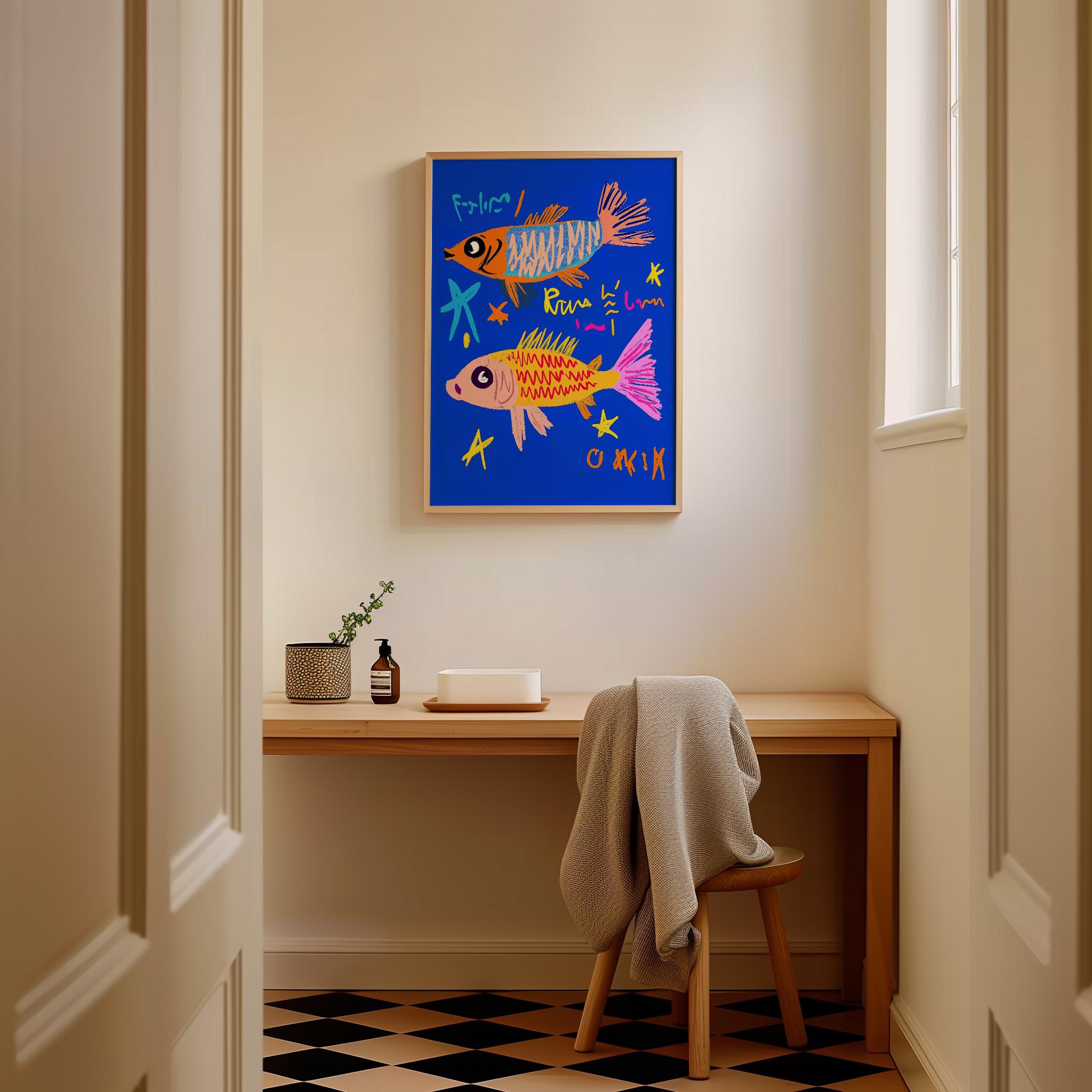 Colorful Fish Wall Art - Vibrant Ocean-themed Poster - Playful Blue Sea ...