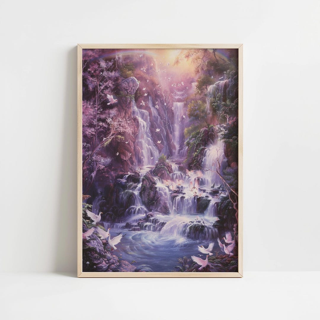 Fantasy Waterfall and Swan Art - Magical Waterfall Scene - Ethereal ...