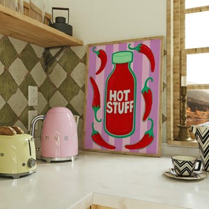 Hot Stuff Wall Art - Bold Red Sauce Bottle and Chili Peppers Poster ...