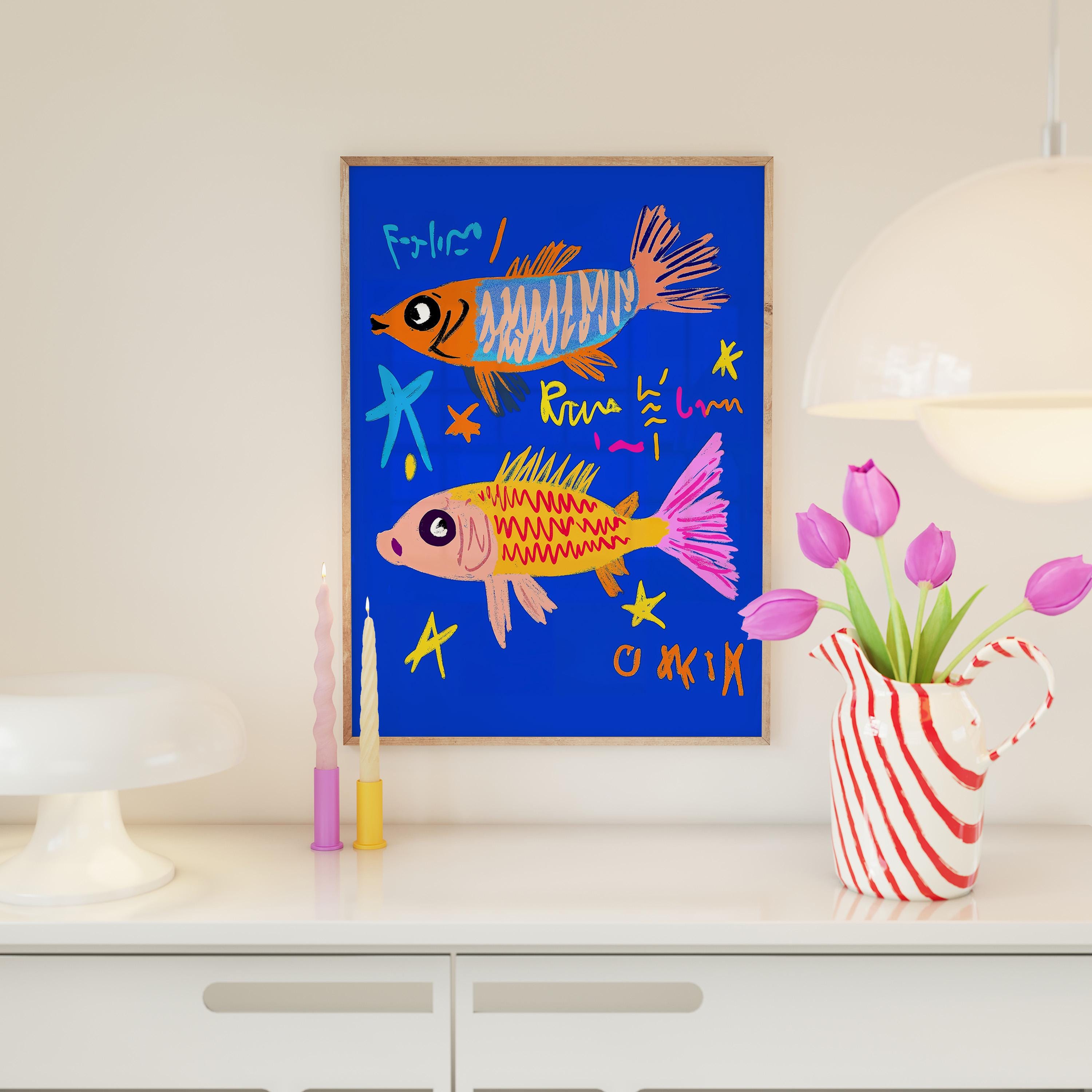 Colorful Fish Wall Art - Vibrant Ocean-themed Poster - Playful Blue Sea ...