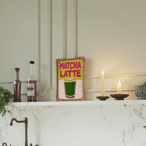 Matcha Latte Wall Art - Bold Green and Pink Coffee Poster - Fun and ...